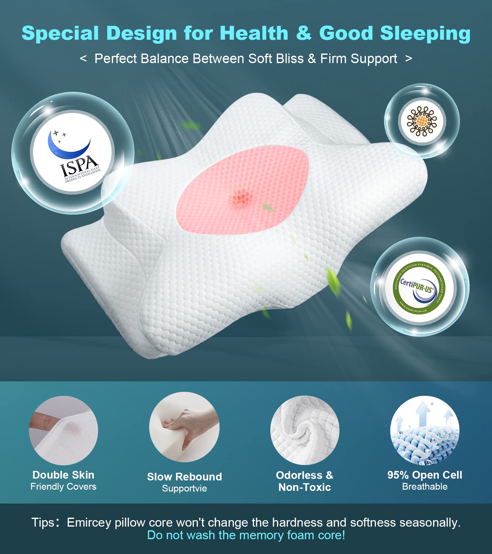 Emircey Adjustable Cervical Pillow for Neck and Shoulder Pain Relief, 3X Plus Support Hollow Contour Memory Foam Pillows for Sleeping, Odorless Orthopedic Bed Pillows for Side, Back, Stomach Sleeper
