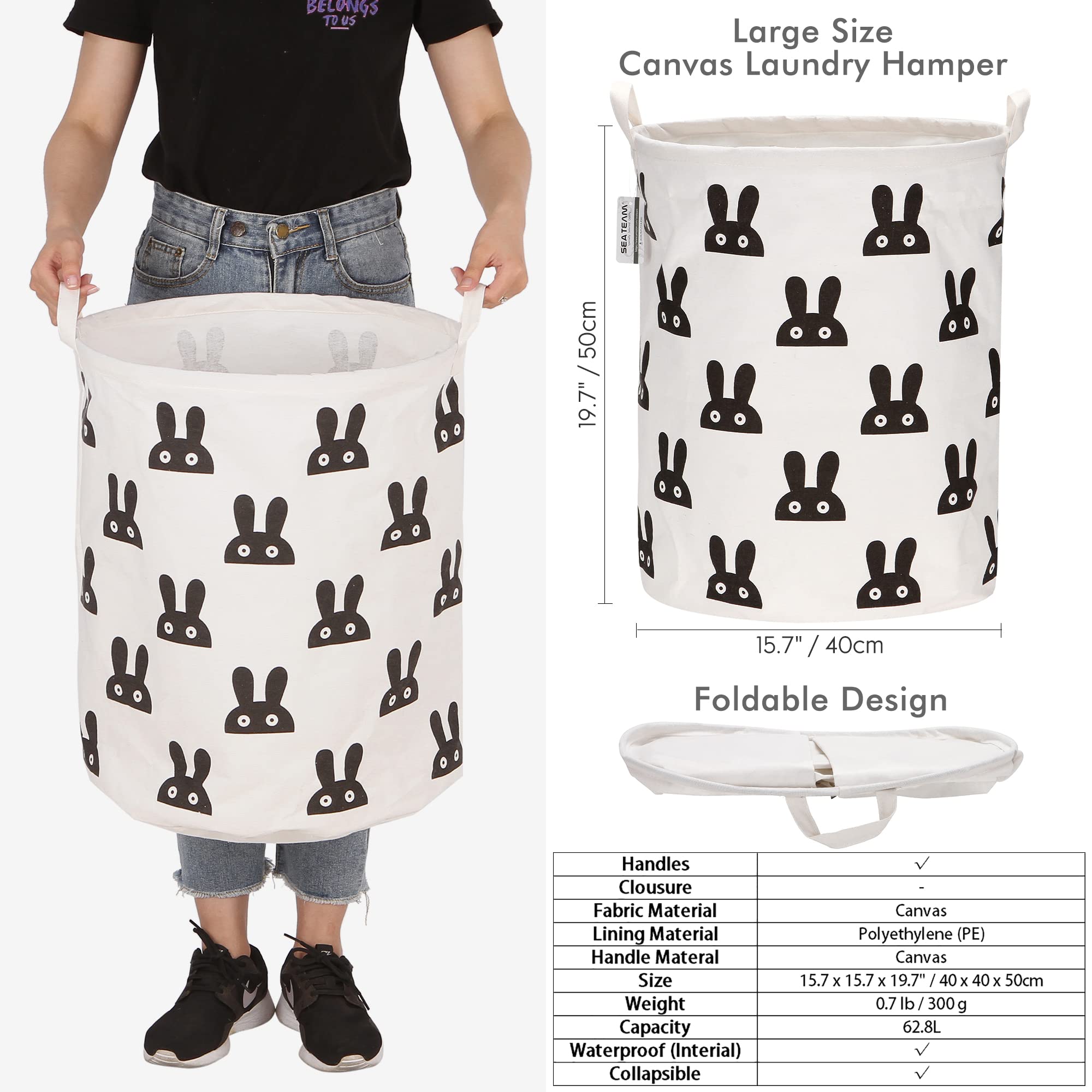 Sea Team 19.7" Large Sized Waterproof Coating Ramie Cotton Fabric Folding Laundry Hamper Bucket Cylindric Burlap Canvas Storage Basket with Cute Bunny Design (Black)