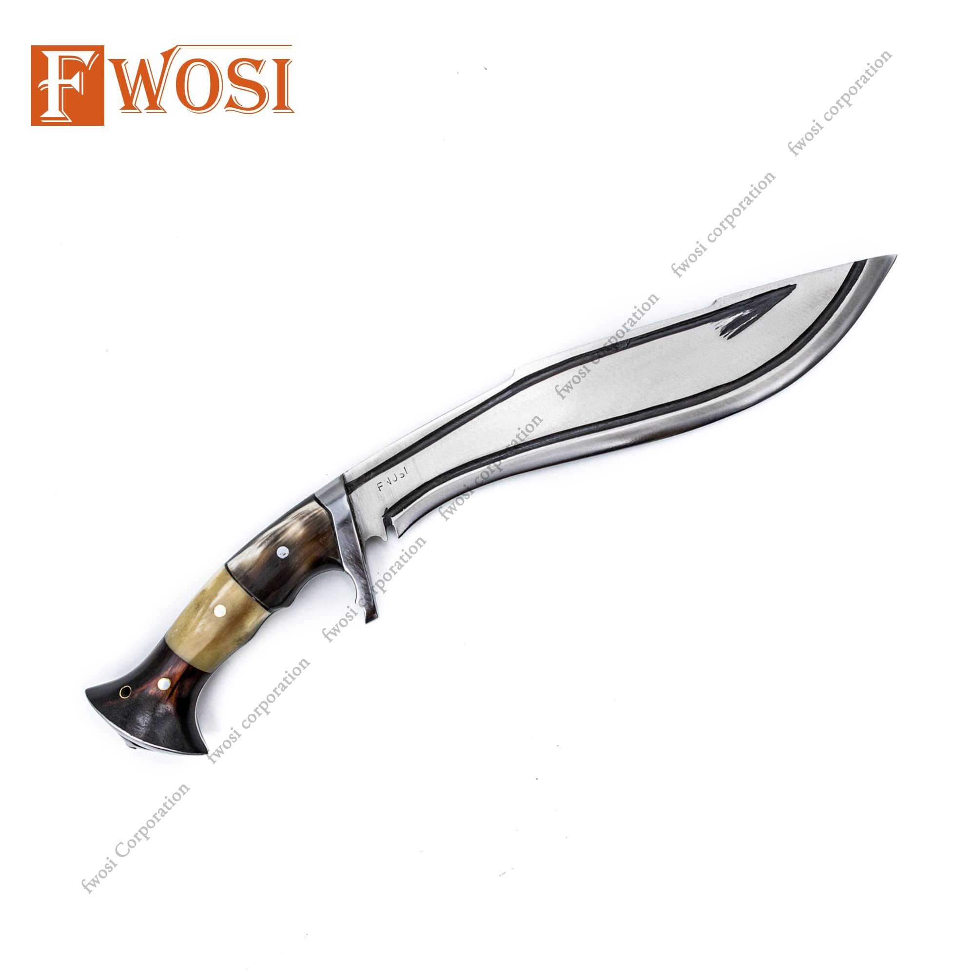 Fwosi Kukri Knife- 13-Inch Sharp Fixed Blade High Carbon Steel Knife With Brown Leather Sheath and Bone & Wood Handle, Nepal Handmade Hunting Knife