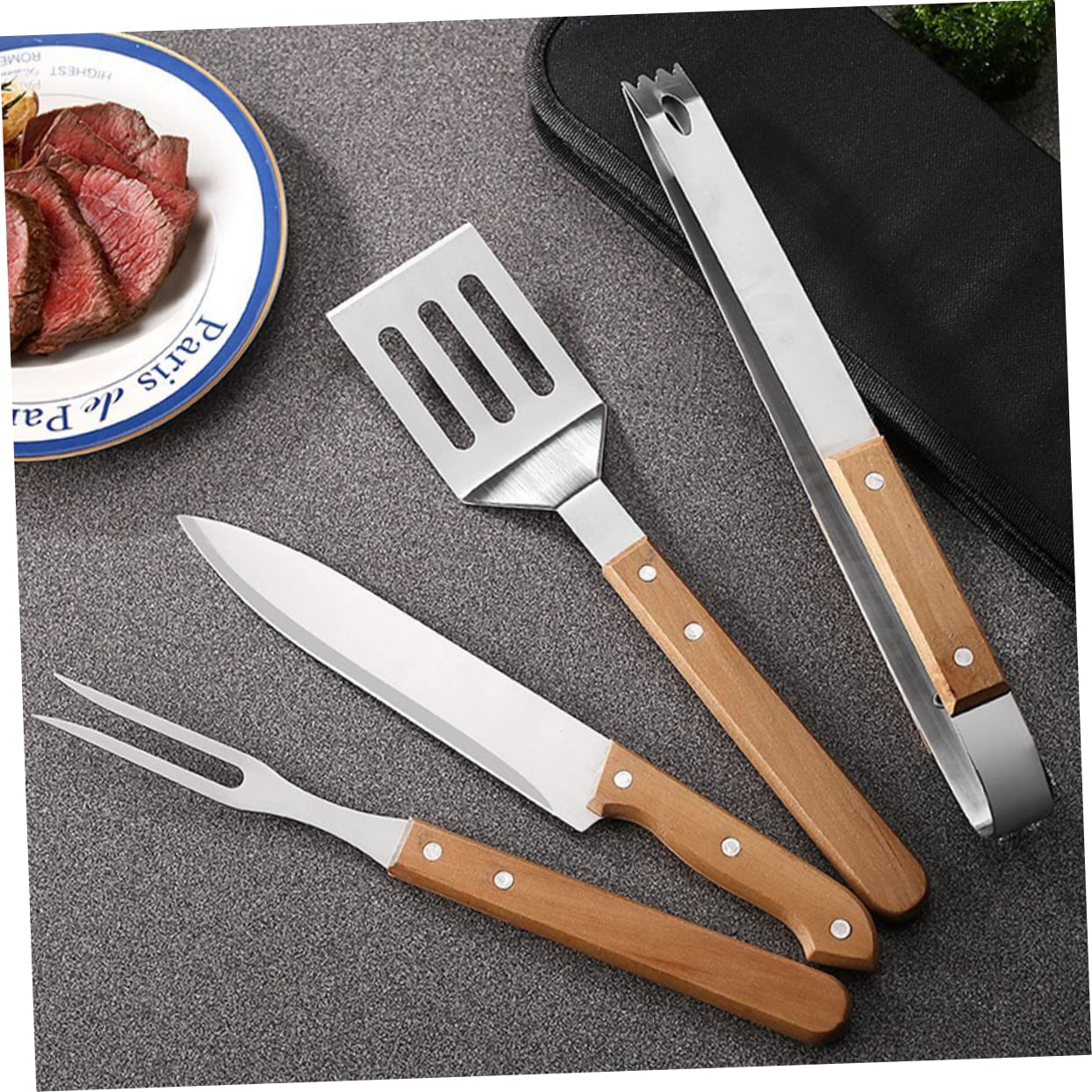 GANAZONO 3 Sets Barbecue and Fork Tools Brisket Slicing Knives for Slicing Meats Barbecue Kitchen Fork Kitchen Roast Fork Barbecue Supplies Wooden Handle Portable Travel
