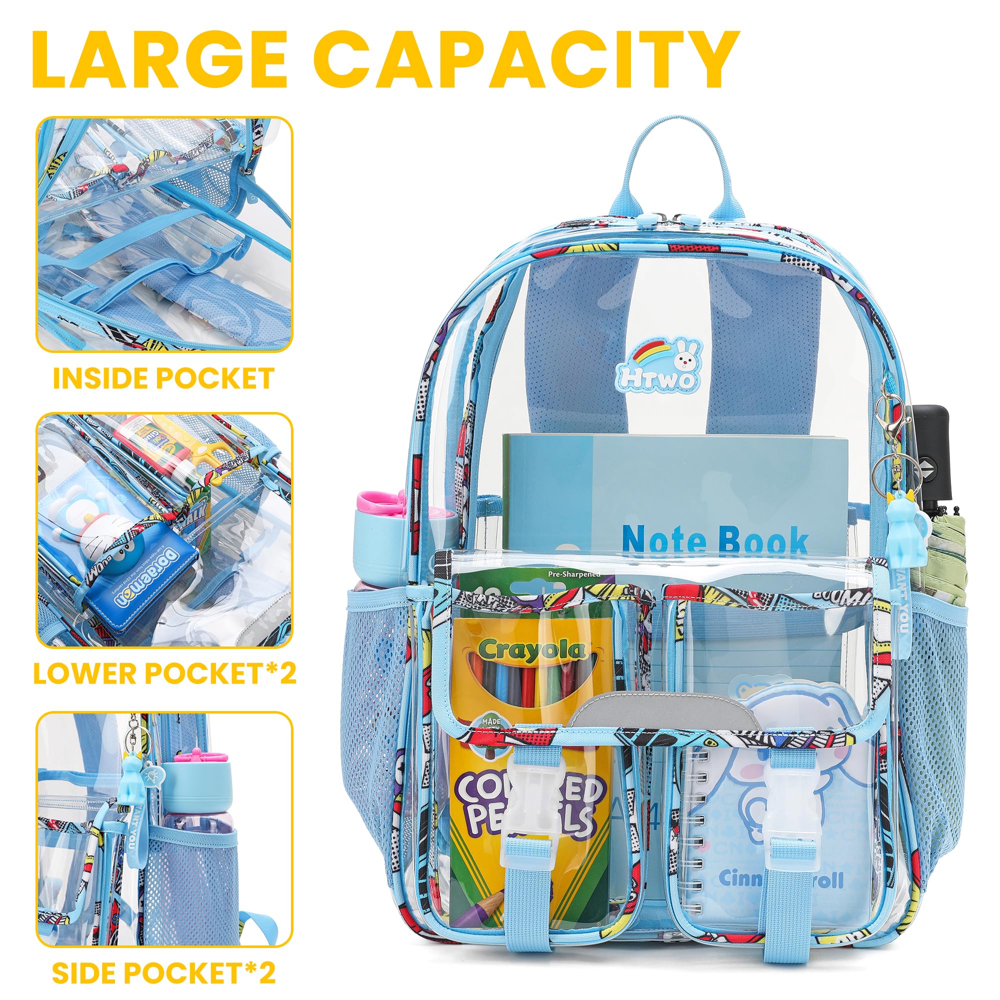 HTWO Clear Backpack For Girls Clear Book Bag Stadium Approved PVC Upgrade Backpacks For School Heavy Duty With Pendant (Dark Blue)