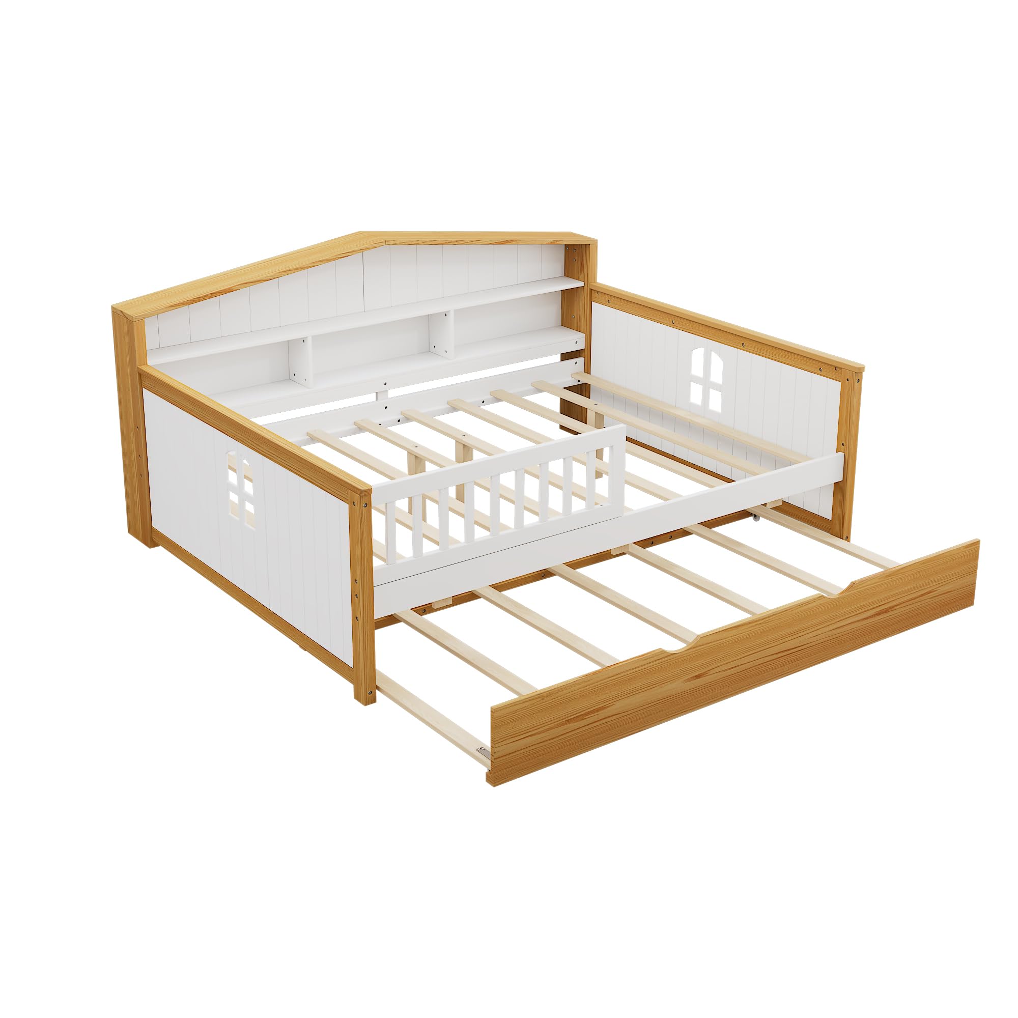 MERITLINE Full Size Daybed with Trundle and Bookcase Headboard, Wood Daybed Sofa Bed with Charming House-Shaped Design,Kids Bed Frames with Windows and Safety Rails,Walnut and White