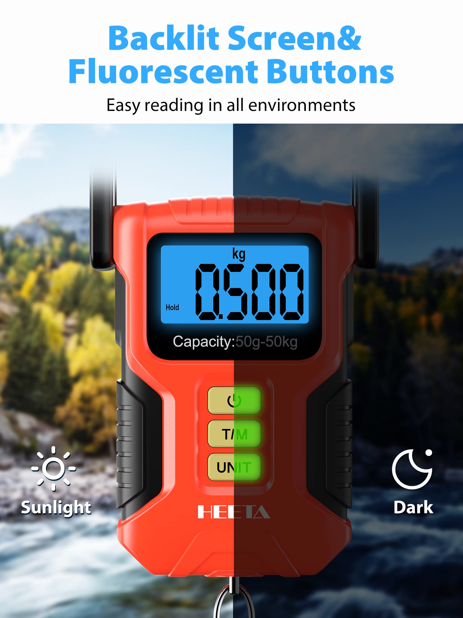 HEETA Waterproof Fishing Scale, Digital Fish Scale 110lb/50kg with Memory Function, Portable Hanging Luggage Scale with Fluorescent Button, 40β Ruler, Backlit LCD Display- Weight Scale, Red