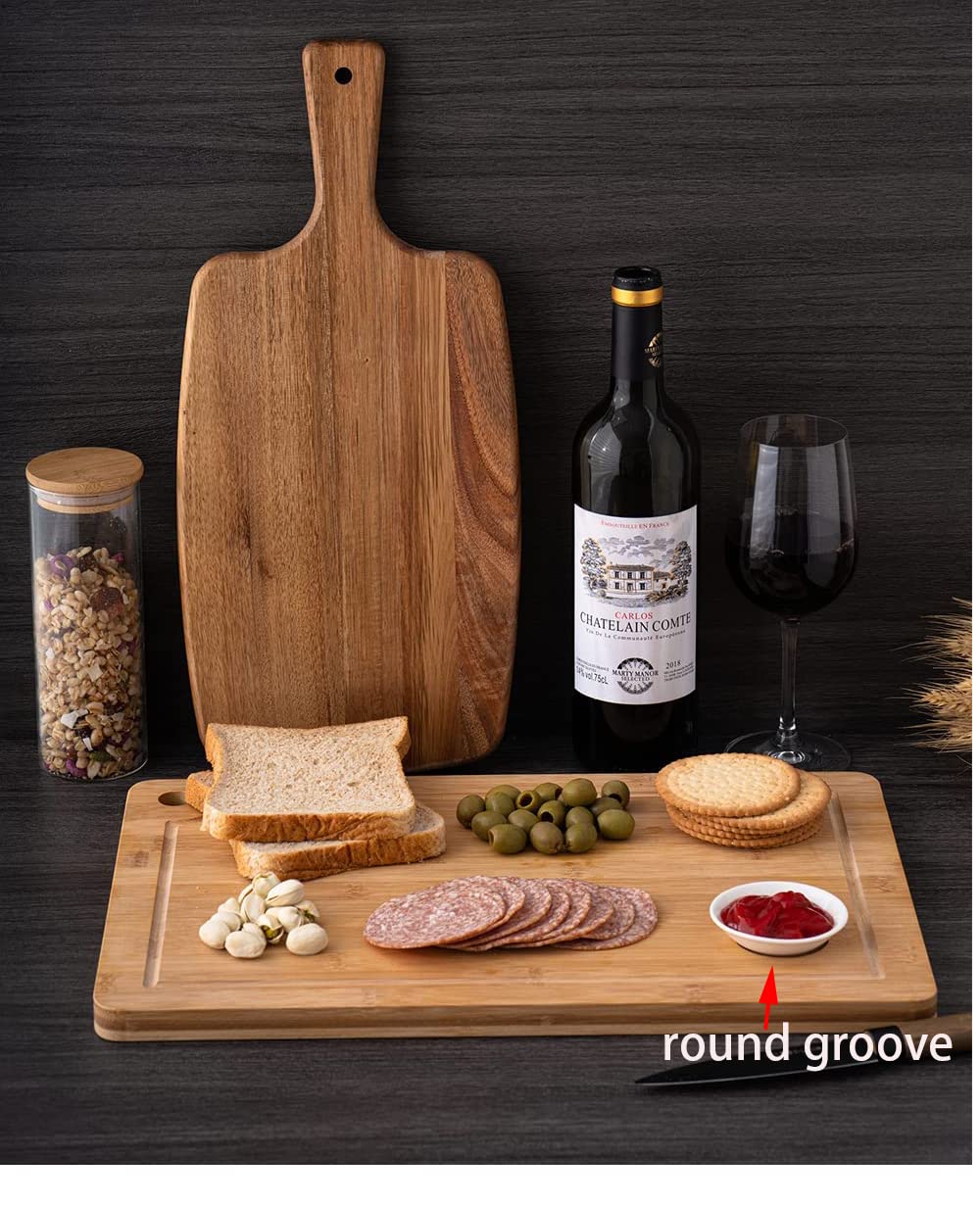 Large Bamboo Cutting Board Cheese Board Cheese Tray with Juice Groove & Round Groove, Chopping Board Charcuterie Board Christmas