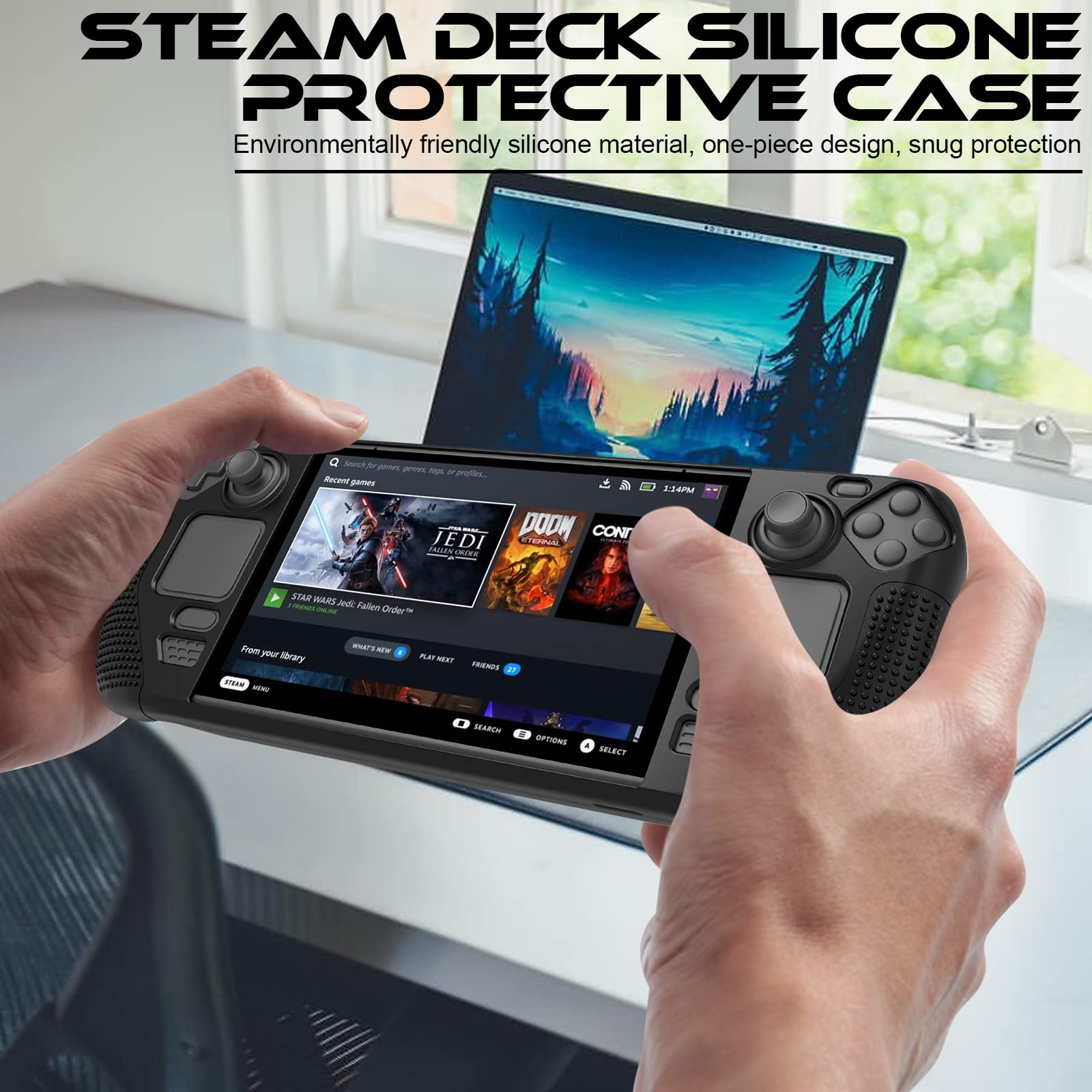 Ermorgen Protective Case Compatible for Valve Steam Deck, Full Protection Silicone Cover with Anti-Slip Particles (Excellent Touch), Comfort Shockproof Protector Grip Shell for Steam Deck -Black