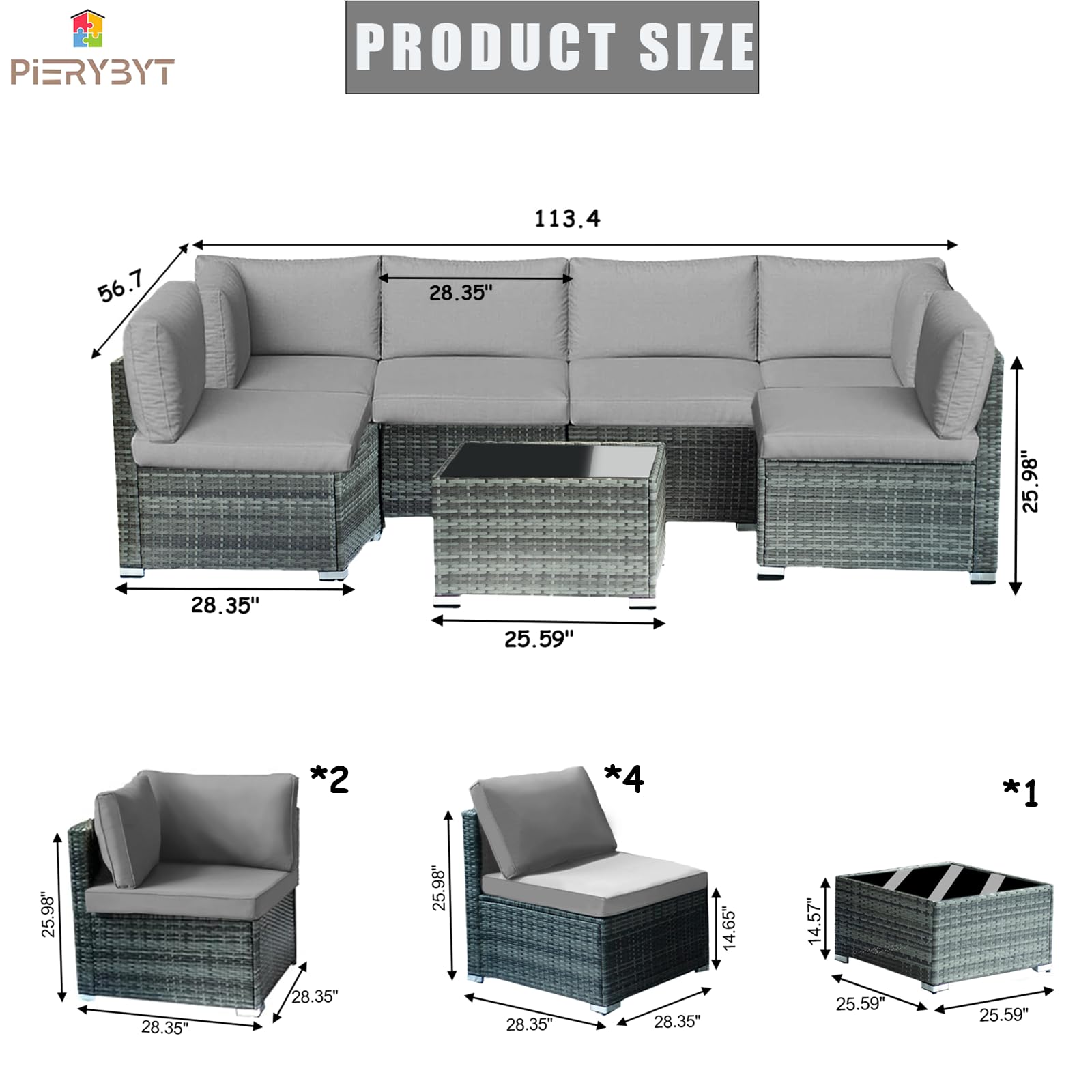 Outdoor 7 Piece PE Wicker Furniture Set, Patio Conversation Set Sectional Rattan Sofa Set with Four Seats, Two Corners and 1Tempered Glass Table (Gray-Gray, 7PS)