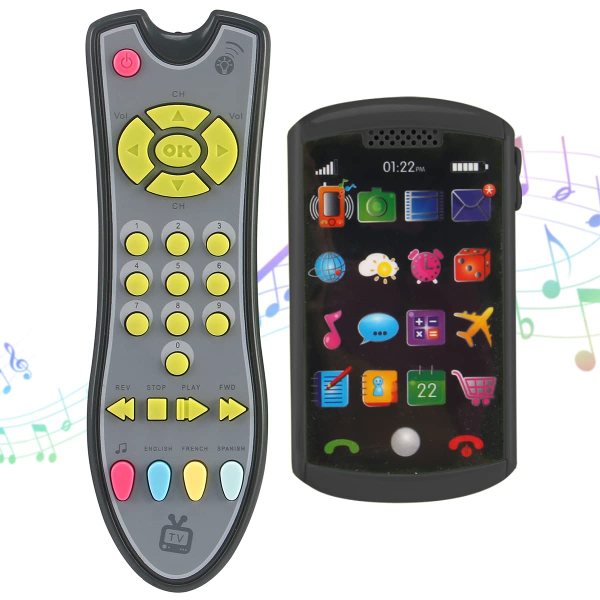 Liberty Imports 2 Pack My First TV Remote Control and Mobile Smartphone Kids Musical Toy Bundle Set - Realistic Music Learning Remote Phone Pretend Playset with Lights and Sounds