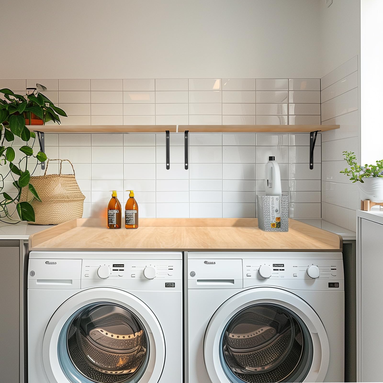 Securaiser Washer Dryer Countertop with Shelves, Wood Washer and Dryer Countertop, 26.8" x 53.9" Laundry Countertop, Burlywood