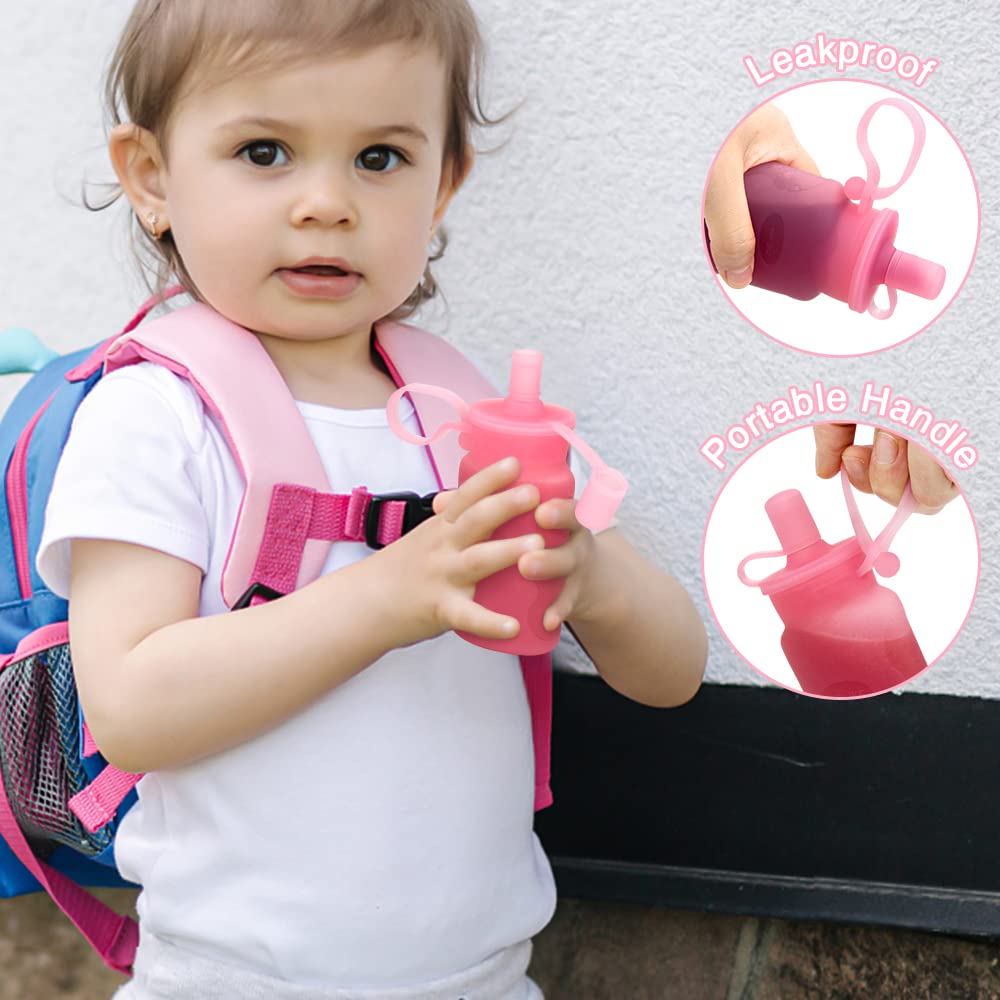 Morlike Reusable Baby Food Pouches, 4oz Silicone Squeeze Storage Bags with Straw for Toddlers Kids, Washable & Freezable (Pink - 2 Pack)