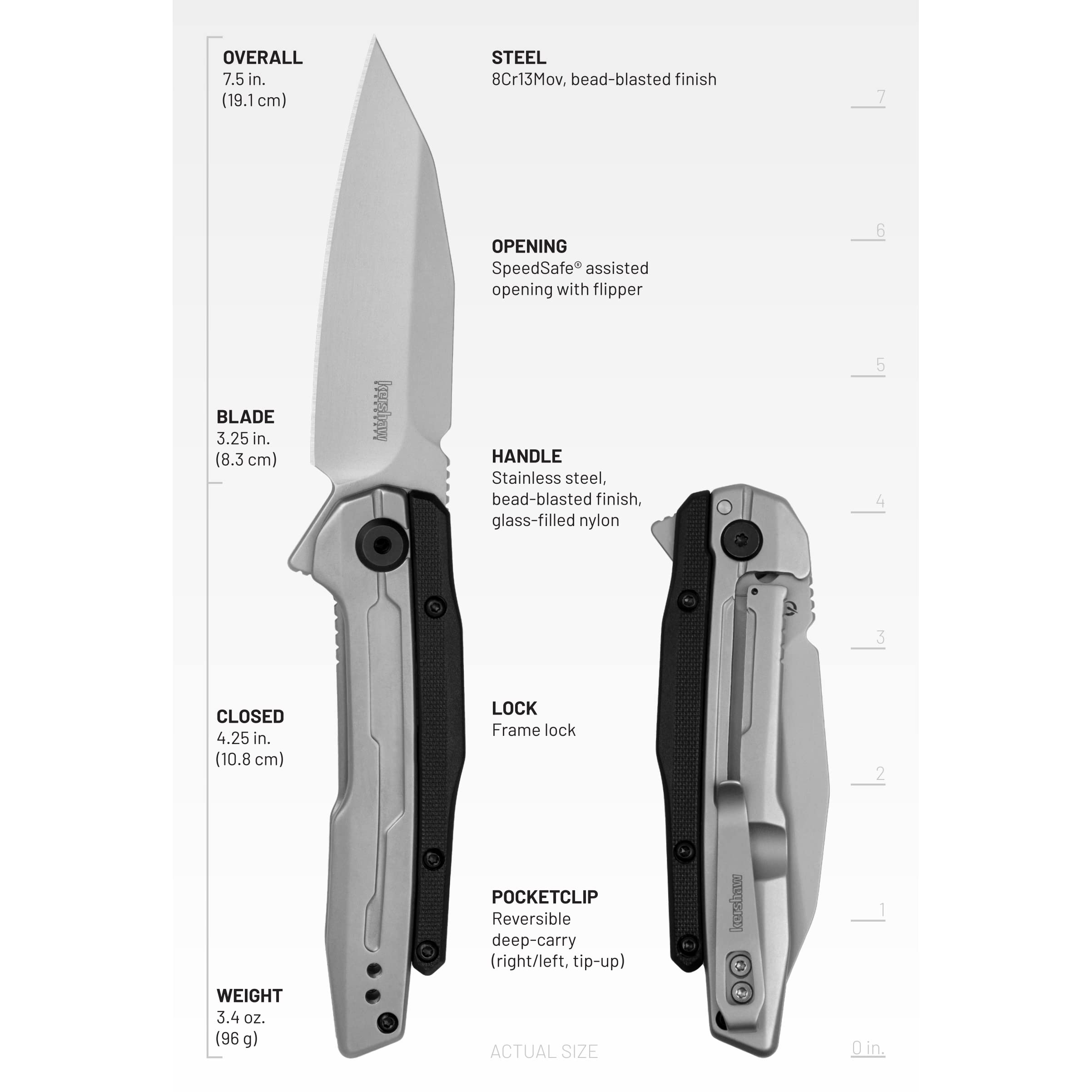 Kershaw Lithium Assisted Opening Pocket Knife, Futuristic Design, 3.25 inch Blade with Stainless Steel Handle, Reverse Tanto, Pocketclip,Silver