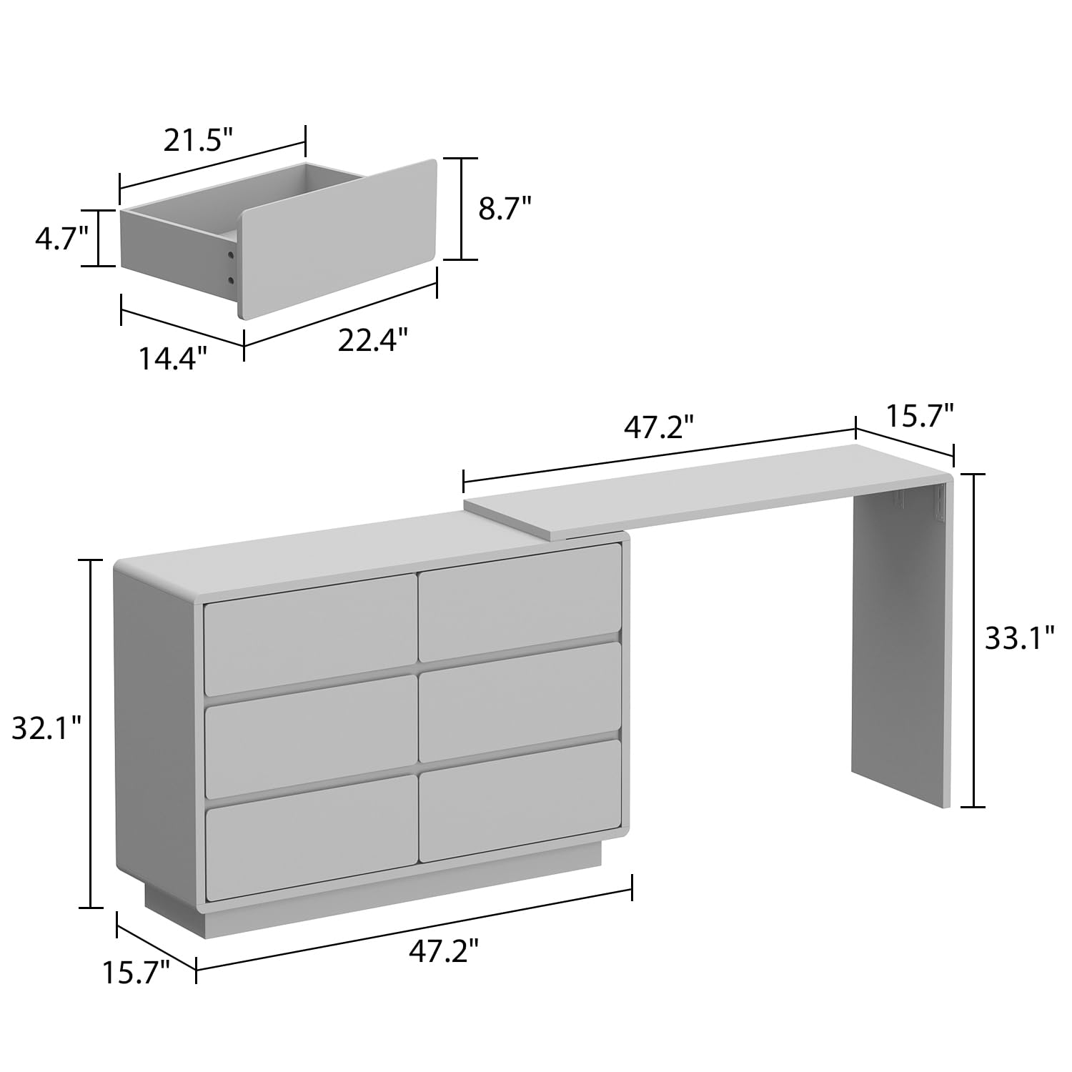 ECACAD 2 in 1 Vanity Desk, 47.2" L Vanity Table with L-Shaped Desk & Double Dresser, Versatile Makeup Vanity Dressing Table Computer Desk with Round Corners for Bedroom, Home Office, White