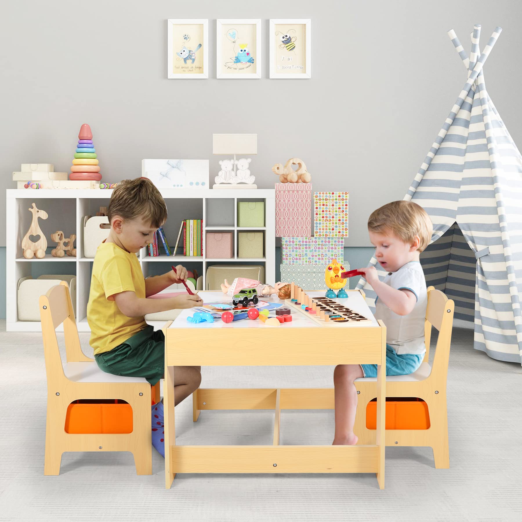 RedSwing Kids Table and Chair Set, 3 in 1 Wooden Childrens Craft Table with 2 Chairs Storage Drawers,Toddler Activity Art Table for Drawing,Reading,Playroom