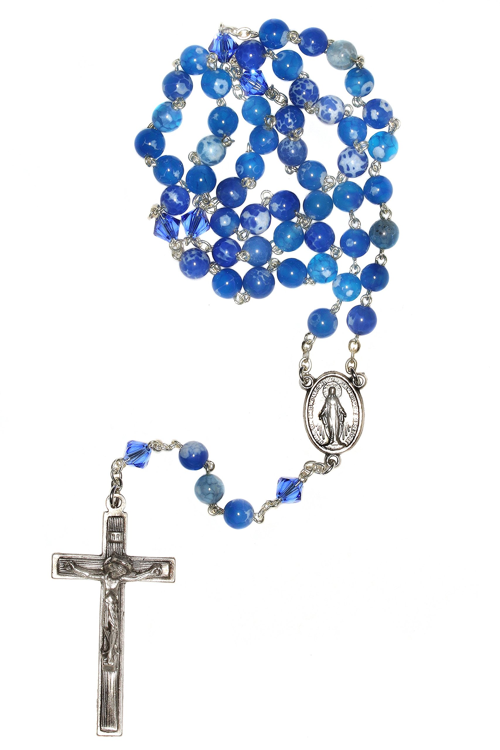 Gemstone Catholic Prayer Rosary - Includes "How to Pray the Rosary", Rosary Pouch and Gemstone meaning (Blue Agate - Silver)