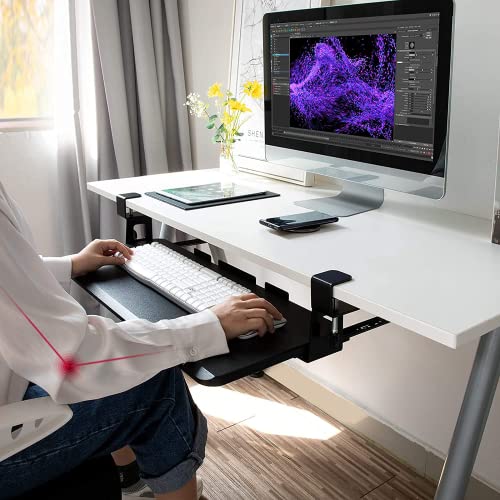 HUANUO Metal Keyboard Tray, Ergonomic Clamp Mount Under Desk Mount Slide Tray with Slide-Out Platform Computer Drawer for Typing and Mouse Work