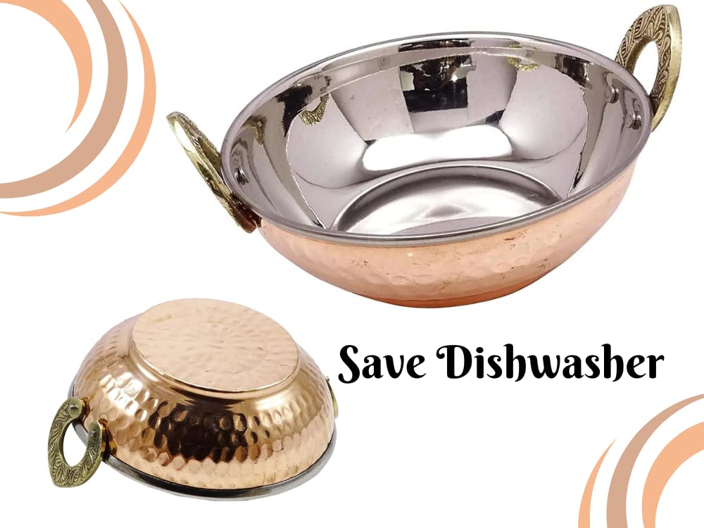 Genx Set of 4, Indian Copper Serveware Karahi Vegetable Dinner Bowl with Solid Brass Handle for Indian Food, Diameter- 13 Cm (5.2 Inches)