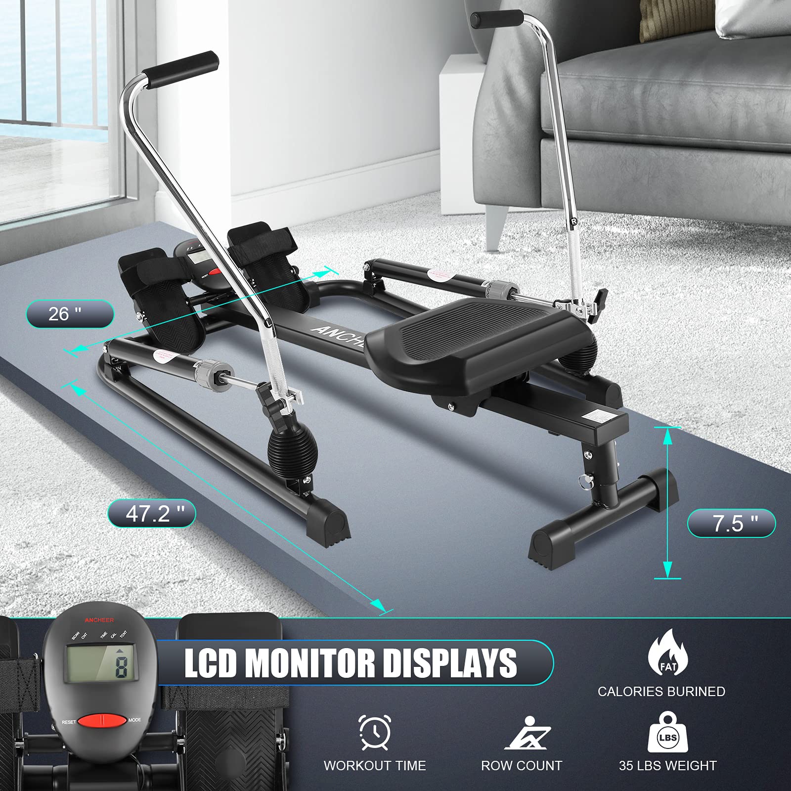 FUNMILY Rowing Machines for Home Use, Foldable Rowers, Exercise Equipment Cardio Training Fitness with 12 Level Smooth Hydraulic Resistance Black