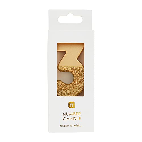 Talking Tables Glitter Number Candle-Premium Quality Cake Topper Decoration Pretty, Sparkly for Kids, Adults, 30th Birthday Party, Anniversary, Milestone, Height 8cm, 3", Gold 3