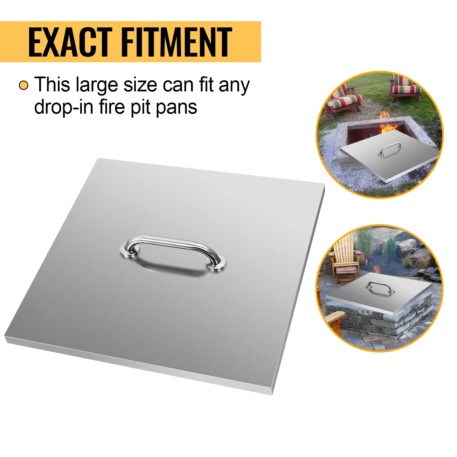 KODOM Fire Pit Burner Pan Cover 27 x 27 Inch, 430 Stainless Steel Fire Pit Cover, 1.5mm Thick Square Fire Pit Lid Fits Drop-in Fire Pit Pan