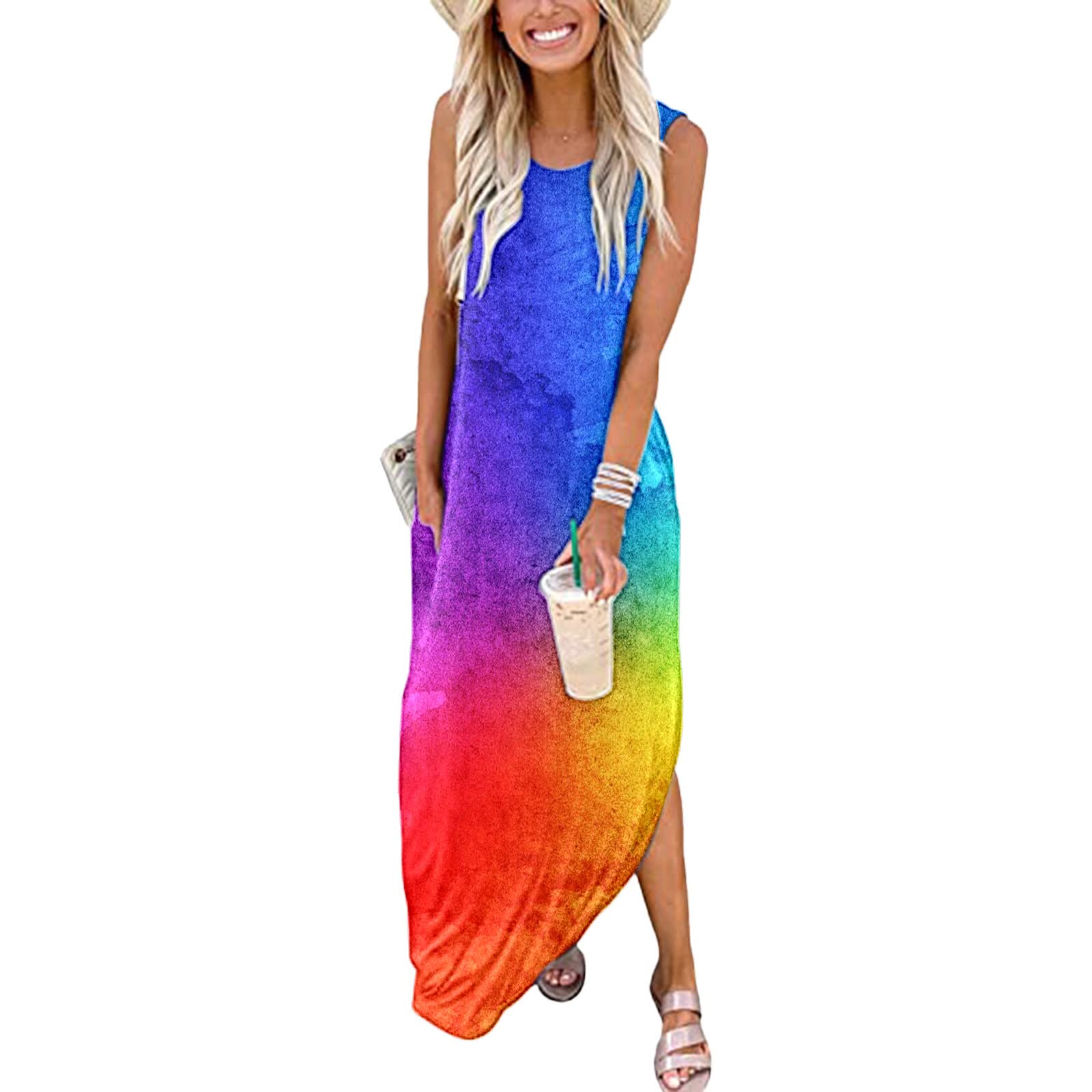 Formal Women Maxi Dress Summer Spring O Neck Dresses Sleeveless Split Long Boho Pocket Tank Beach Guest Skirts Blue