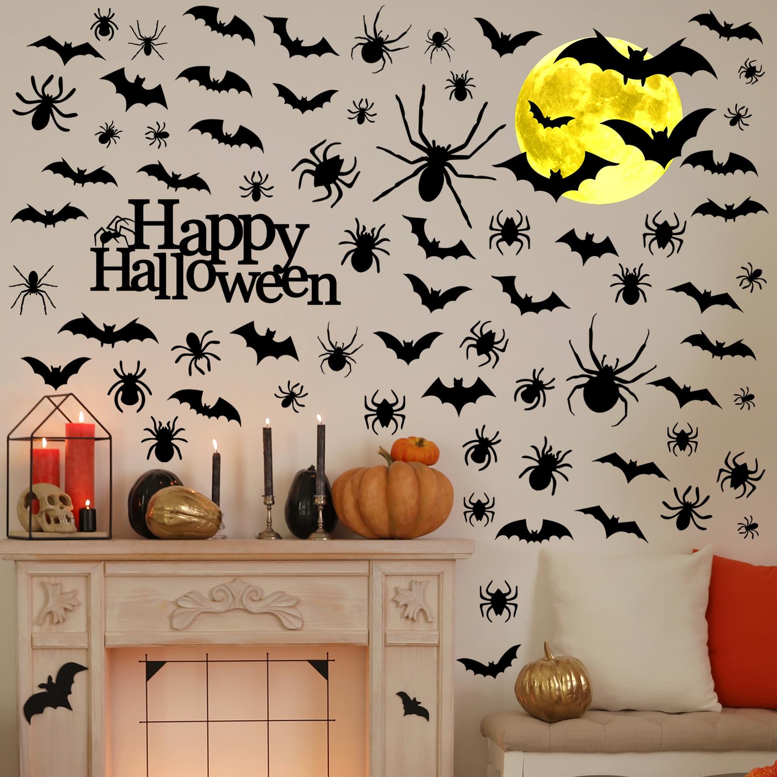 Qeeenar 76 Pcs Halloween Moon Wall Decal Halloween Bat Wall Stickers Vinyl Bat Wall Decals Halloween Removable Halloween Spiders Wall Sticker Halloween Bats Wall Decals Party Decorations, 6 Sheets