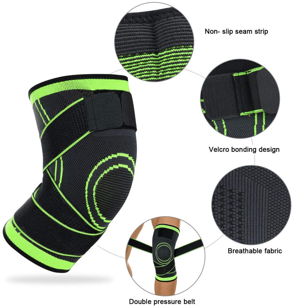 Hopgo Knee Braces for Men Women Knee Support Non-Slip Knee Compression Sleeves with Adjustable Straps for Arthritis, Workout Running, Soccer, Basketball, Meniscus Tear (Single) Green S