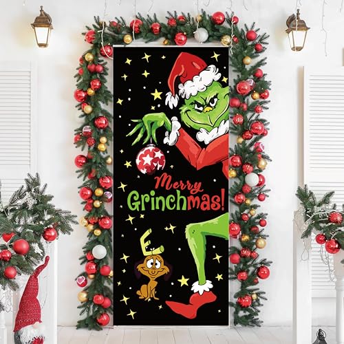 Grinch Door Cover Decorations for Christmas - Holiday Backdrop Banner for Front Door - Outdoor and Indoor Winter Party Decor