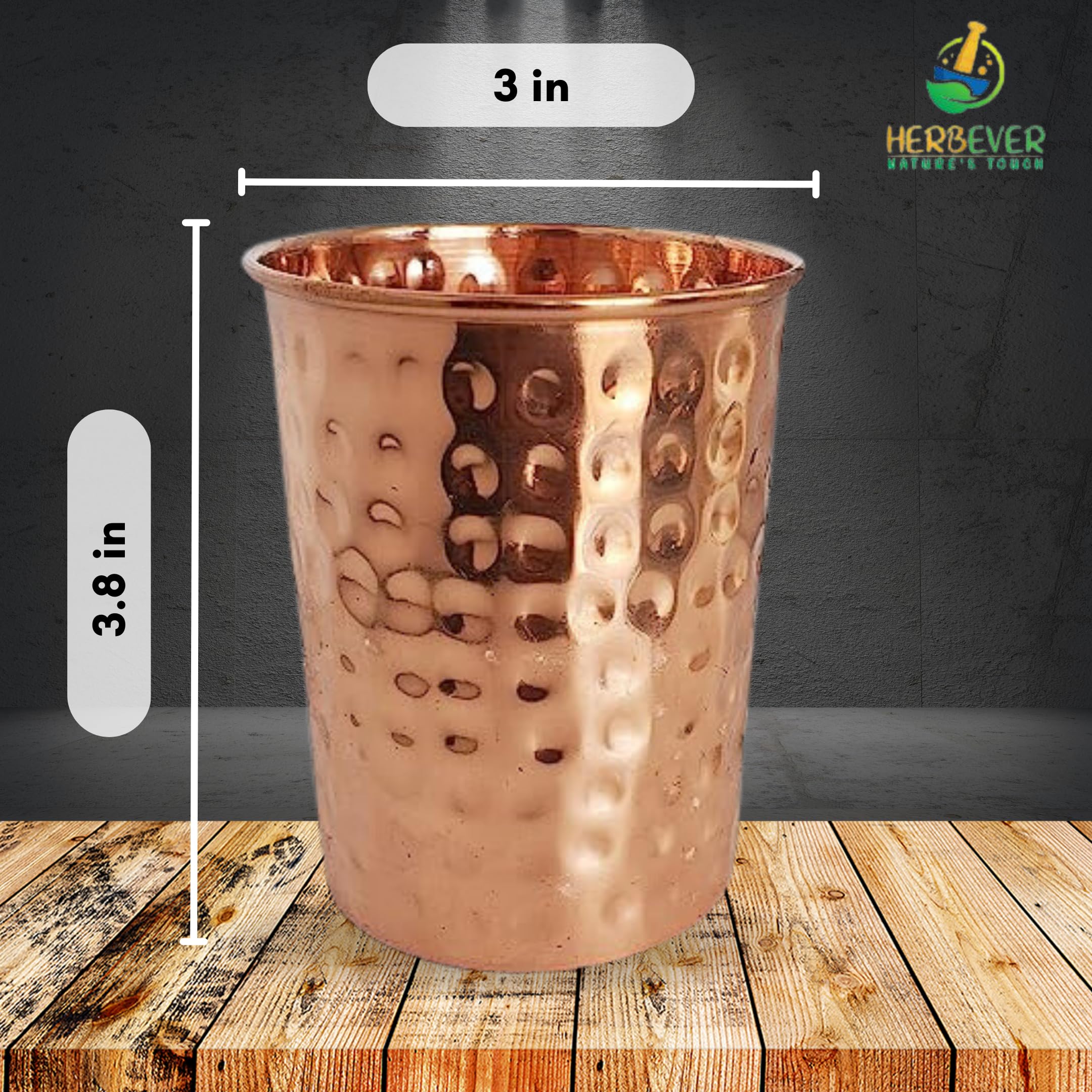 HERBEVER Pure Copper Hammered shape Water Tumbler Glasses for Healing Ayurvedic Set of 2