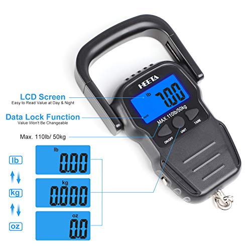 HEETA Fish Scale with Backlit LCD Display, Up to 110lb/50kg Digital Portable Hanging Fish Weight Scale with Hook & Measuring Tape for Home, Farm, Outdoor, Hunting, Fishing, 2 AAA Batteries Included
