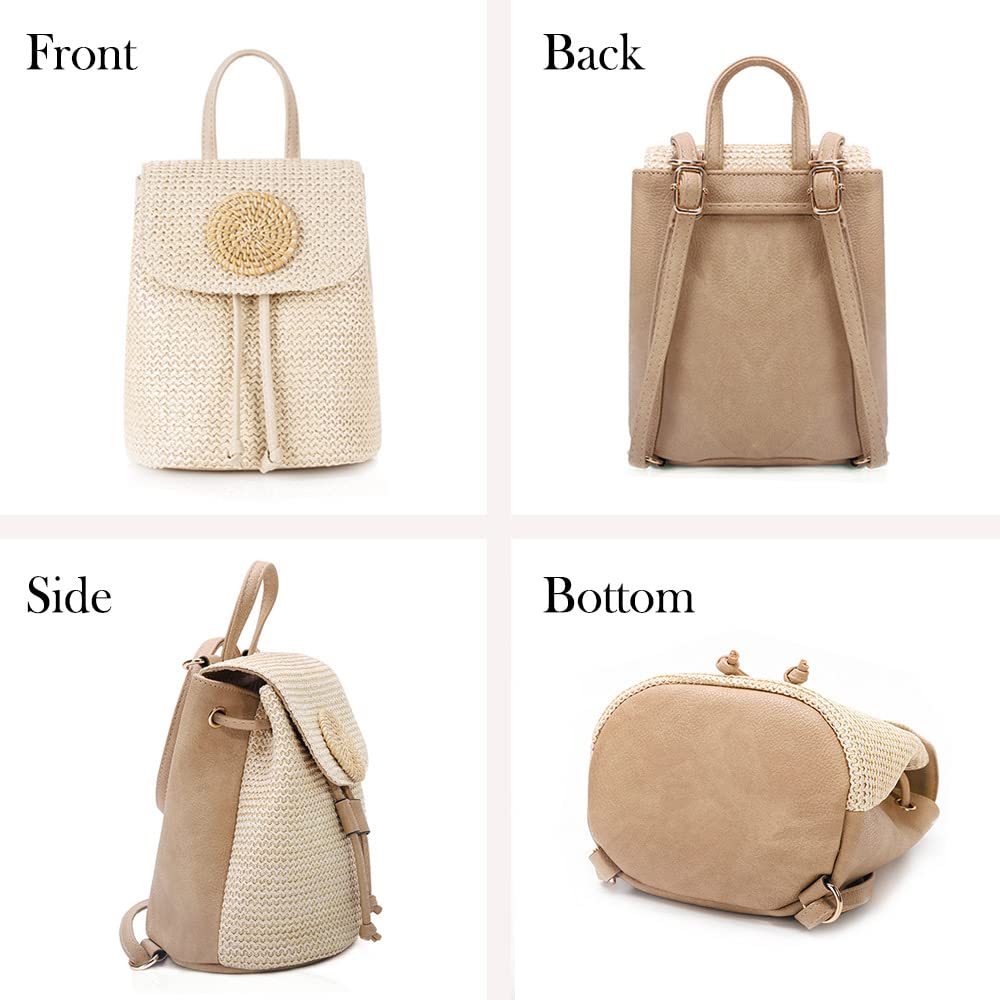 Gogobear Womens Small Straw Backpack Rattan Bags Summer Handmade Casual Shoulder Bag with Flap Drawstring (Beige)