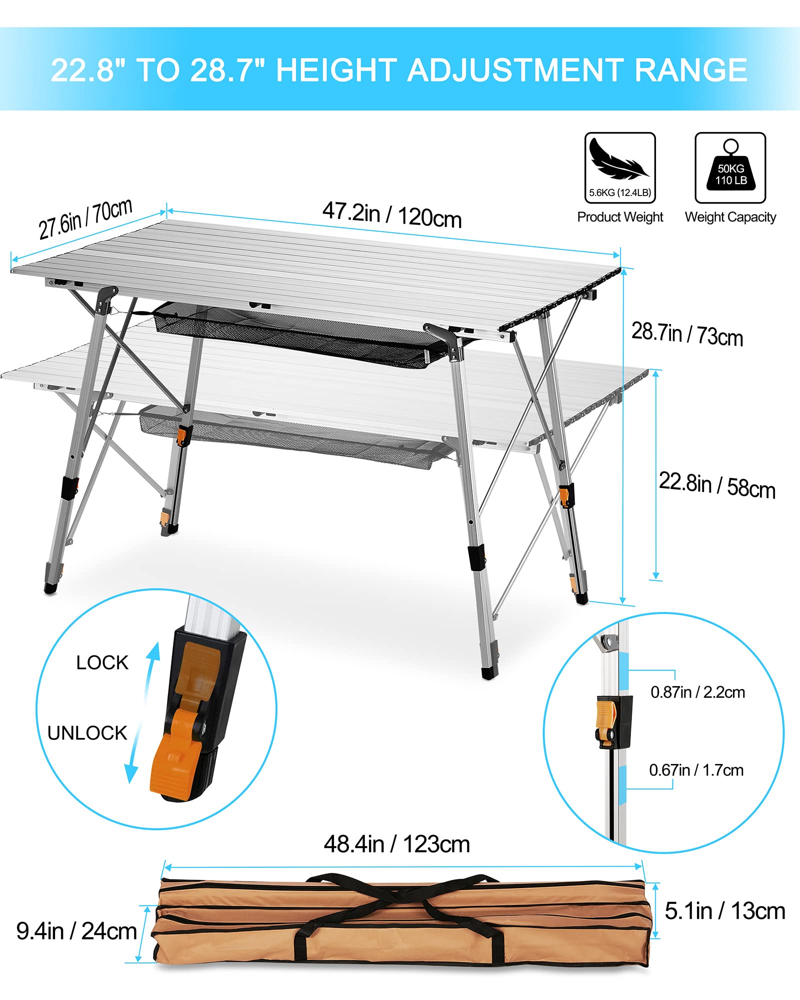 FiveJoy Folding Camping Table Outdoor Portable Picnic Camp Table with Aluminum Legs Adjustable Height Roll Up Table with Mesh Layer for Picnic Beach Grill Backyard Kitchen