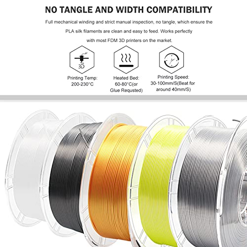 Set of 5 Silk PLA Filament Rolls - More Soft Less Fragile 1.75mm Diameter 2.2 LBS 3D Printing Filament Large Spool for 3D Printers (Black, White, Gold, Silver, Yellow Colors)