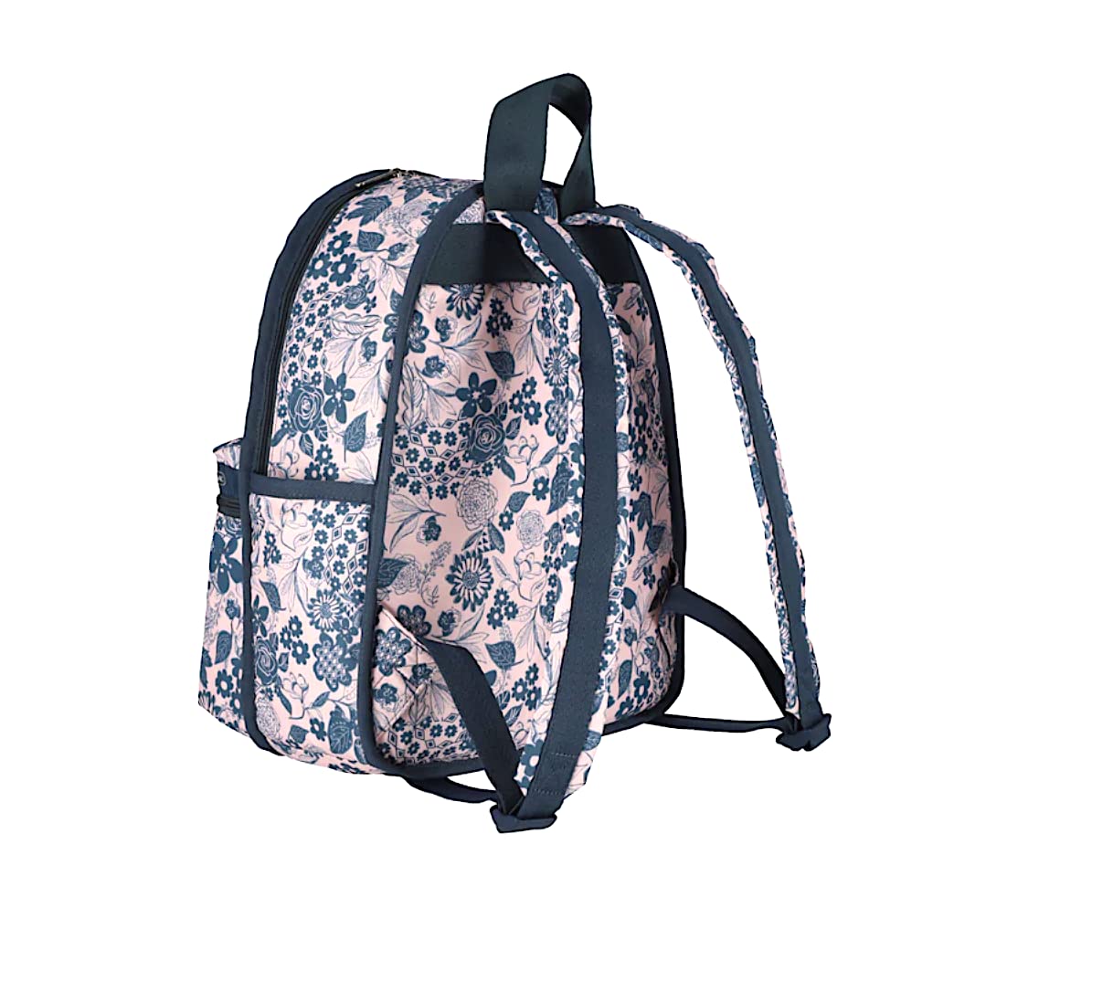 LeSportsac Rooks and Roses Basic Backpack/Rucksack, Style 7812/Color E483, Slate Blue Whimsical Roses, Graceful Branches & Leaves Artfully Arranged on Pearlized Pastel Pink Bag