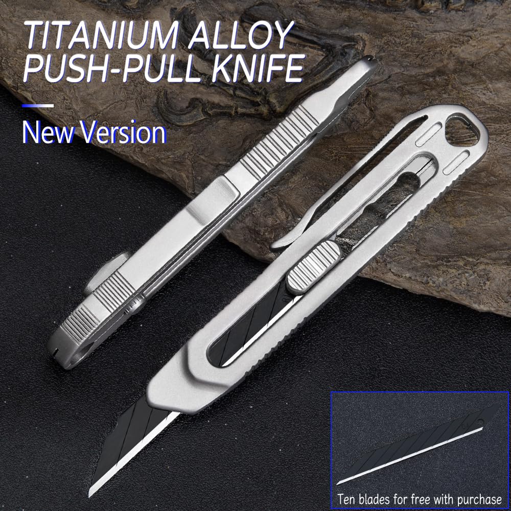 TGZUO Titanium Pocket Knife with Clip Small EDC Retractable Box Cutter Flipper Utility Knife 10pcs Carbon Steel Blades