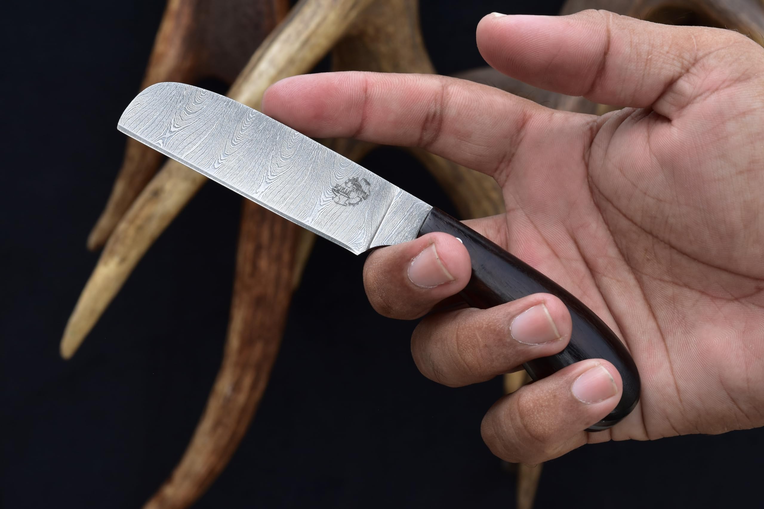 Knives Ranch Damascus Steel Small Castrator with Indian Rosewood Handle Dual Carry Vertical or Horizontal Cowboy Crossdraw Leather Sheath (3177-IRW)