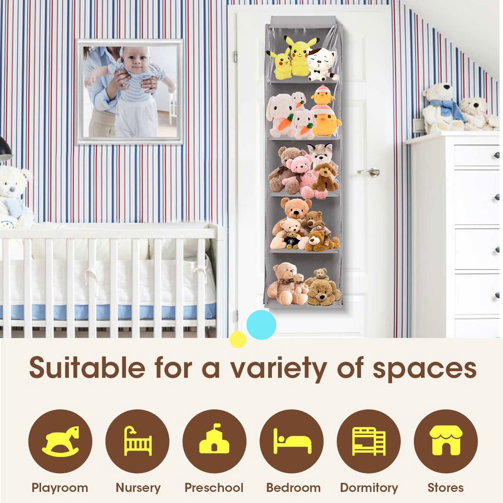 Stuffed Animal Storage, Hanging Over The Door Stuffed Animal Organizer with 5 Clear Dust-Proof Pocket Organizer for Display Kid's Toys.(Light Gray)