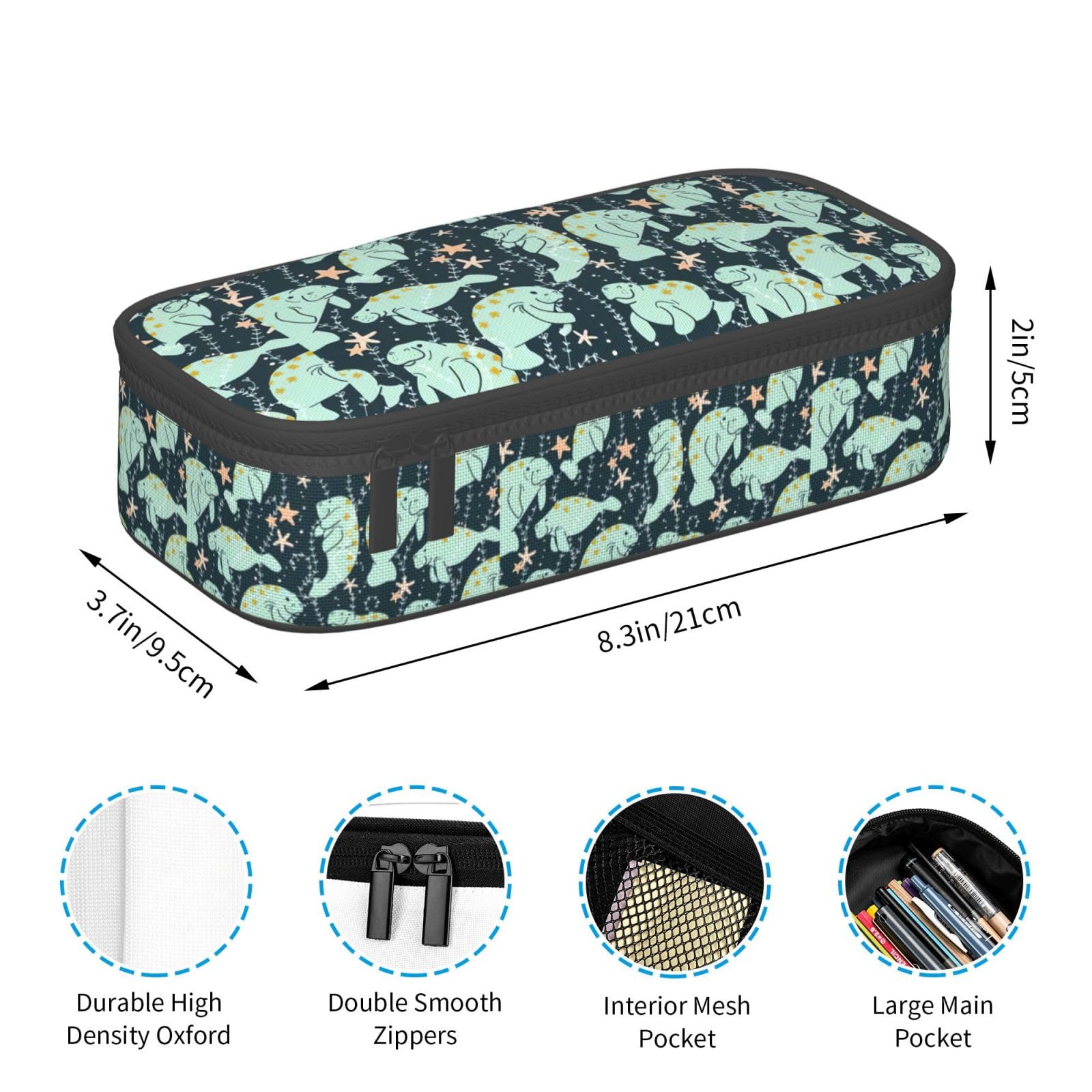 QHWLR Manatee Animals Calf print Pencil Case Large Capacity Pen Pouch for interlayer Adults Cosmetic Bag Supplies , Black