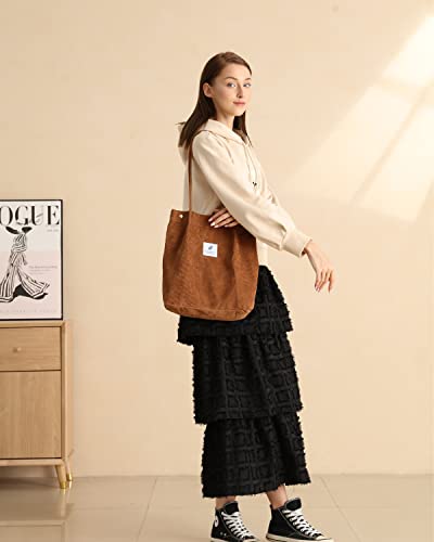 Iioscre Corduroy Tote Bag for Women,Tote Bag for School,Large Capacity Zipper Casual Shoulder Bag with Inner Pockets
