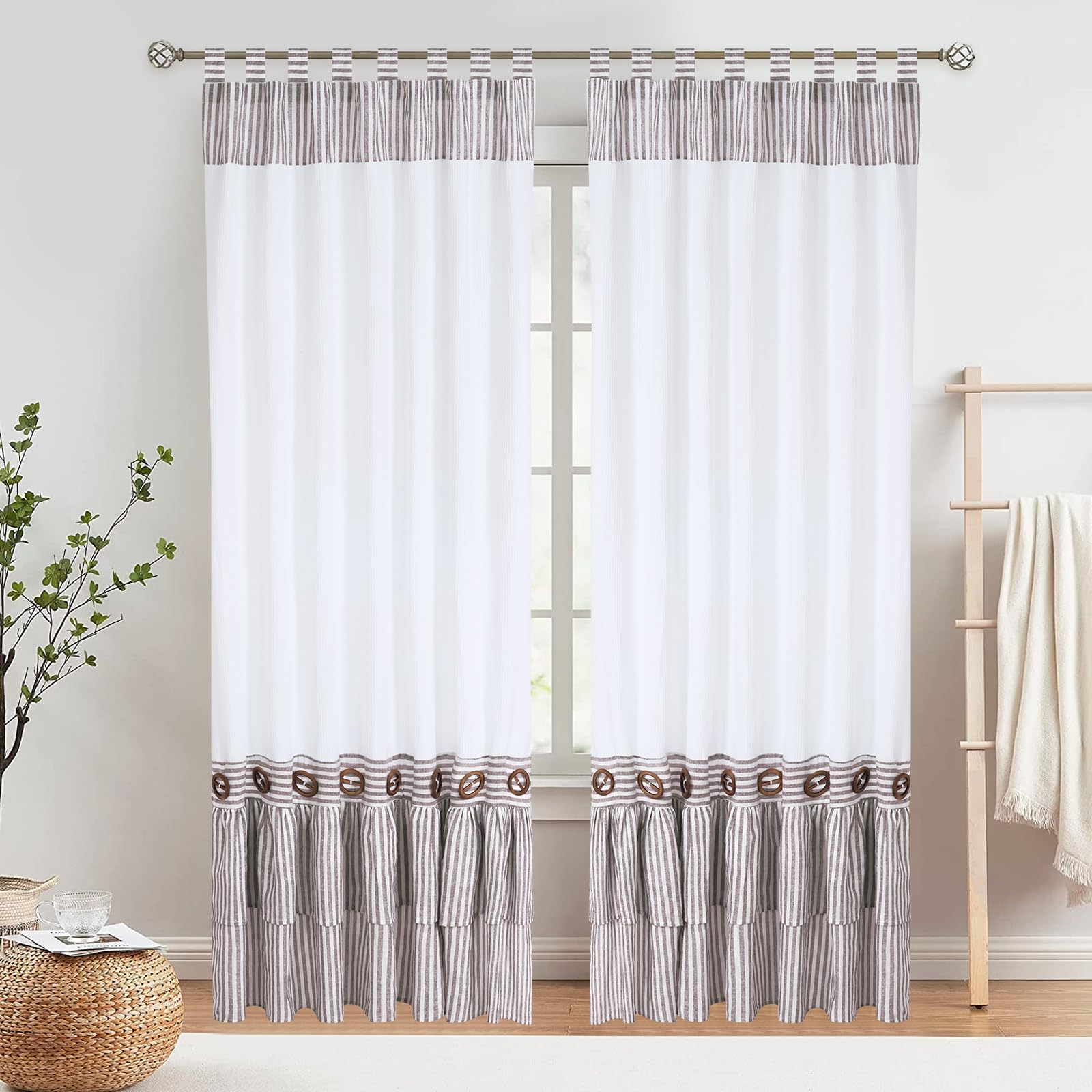 Farmhouse Kitchen Curtains Cotton Blend Waffle Weave Tier Curtains Tab Top Boho Rustic Button Curtains Brown Stripe Light Filtering Small Curtain for Kitchen Bathroom Bedroom 26''W x 36''L, 2 Panels