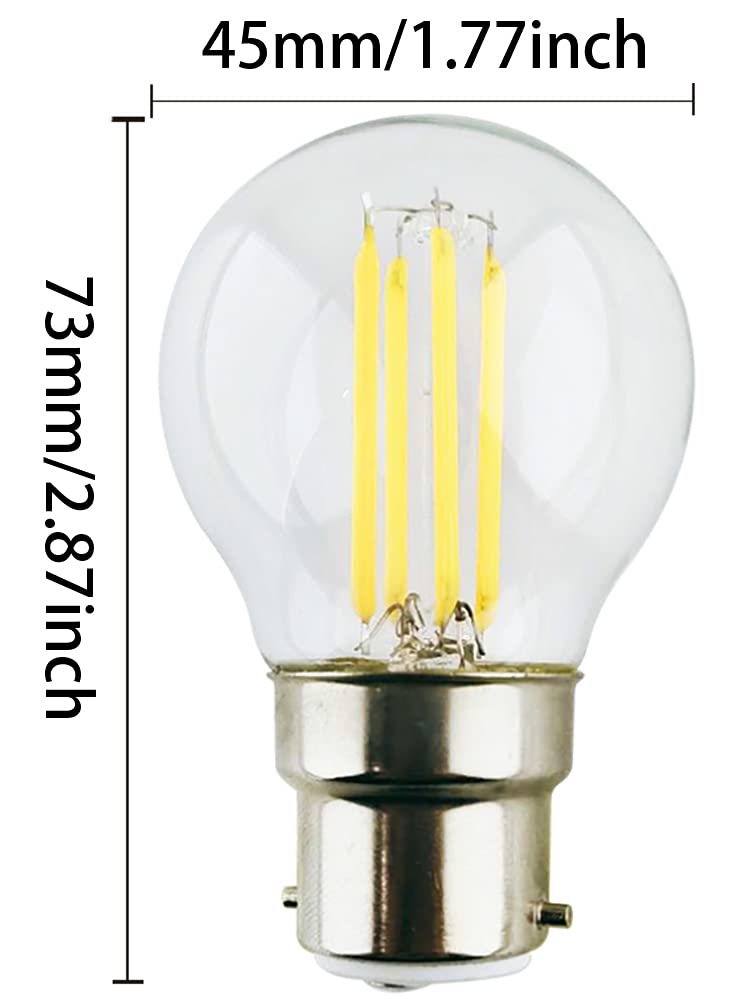 G45 Globe LED Light Bulb 4W B22 Filament Light Bulb G14/G45 Vintage Edison Style Tiny Lamp for Ceiling Fan, Vanity Mirror, Chandelier, 6500K Cool White, Not Dimmable, AC110V, Clear Glass, Pack of 6