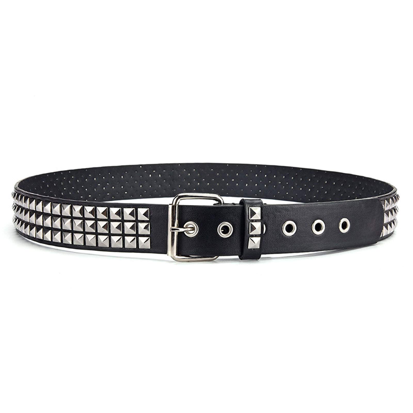 HOUIPunk Leather Belt, Punk Rock Star 3 Row Metal Silver Studded Solid Belt, Full Grain pyramid Studded Cowhide Casual Jeans Belt (Black)