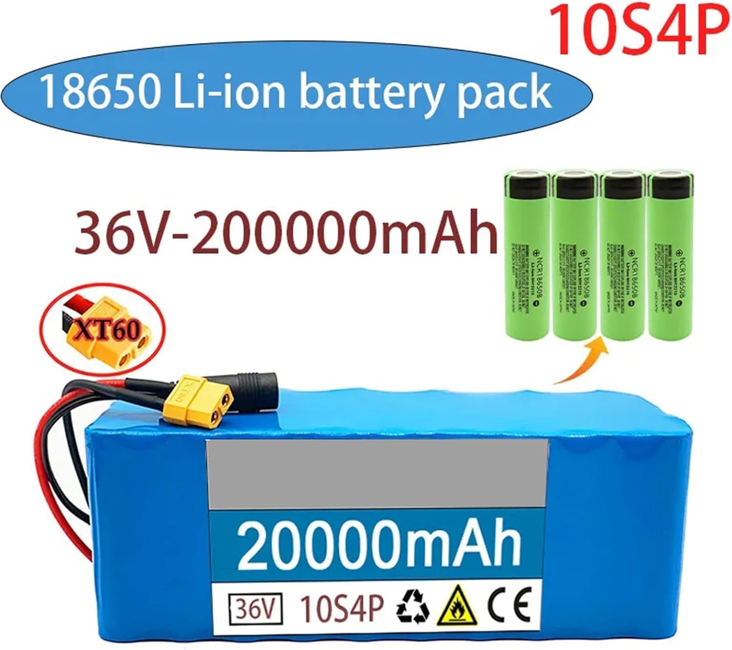 EsaSaM 36V 20Ah Electric Bicycle Battery,10S4p Lithium Battery Pack,with 42V 2A Charger,for 250W-1000W Electric Bicycle Scooter