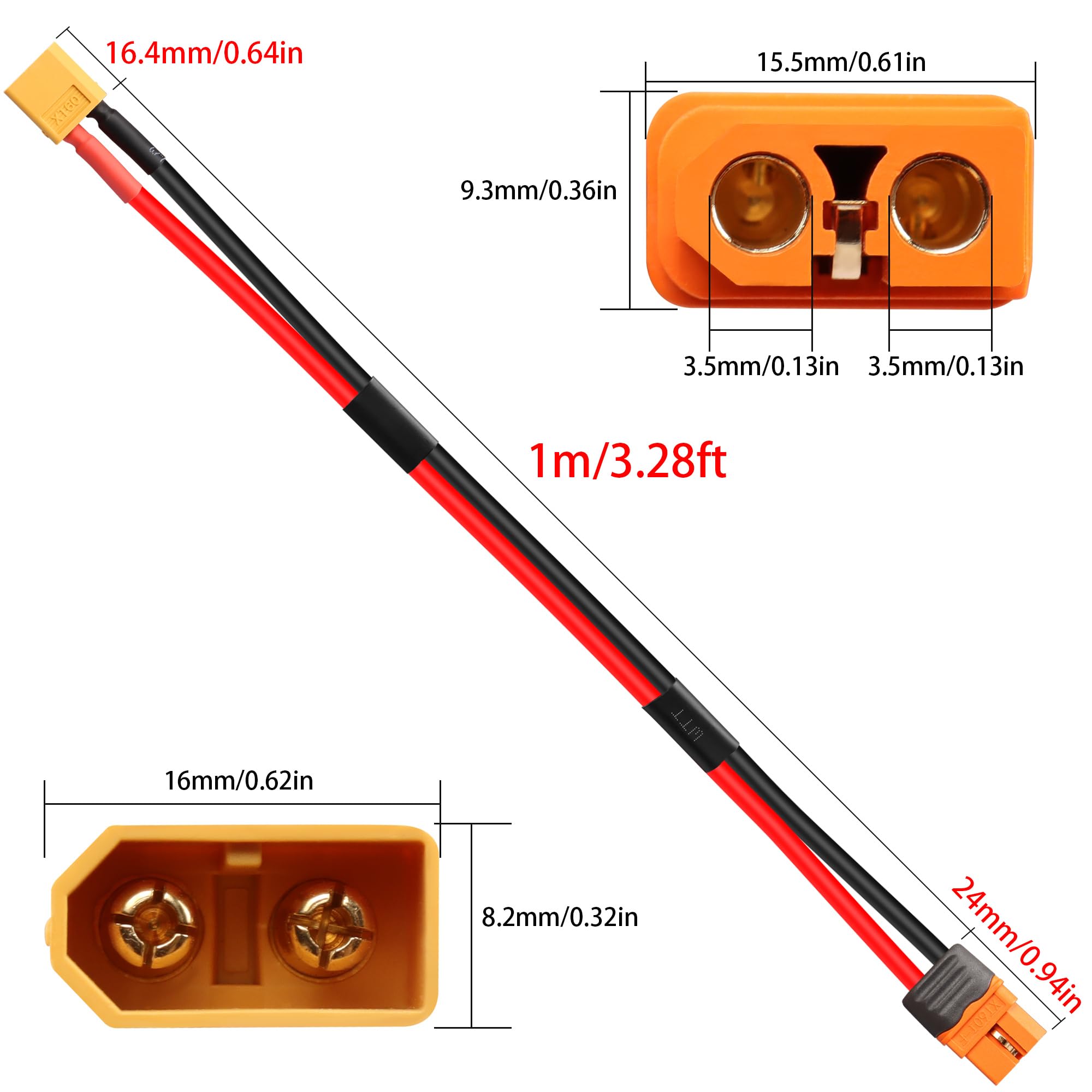 GELRHONR XT60i Extension Cable 1M, XT60 Male to XT60i Female Connector Cable 12AWG Silicon Wire, for Ebike,Drone Car Lipo Battery Charger,Solar Generator Portable Power Station
