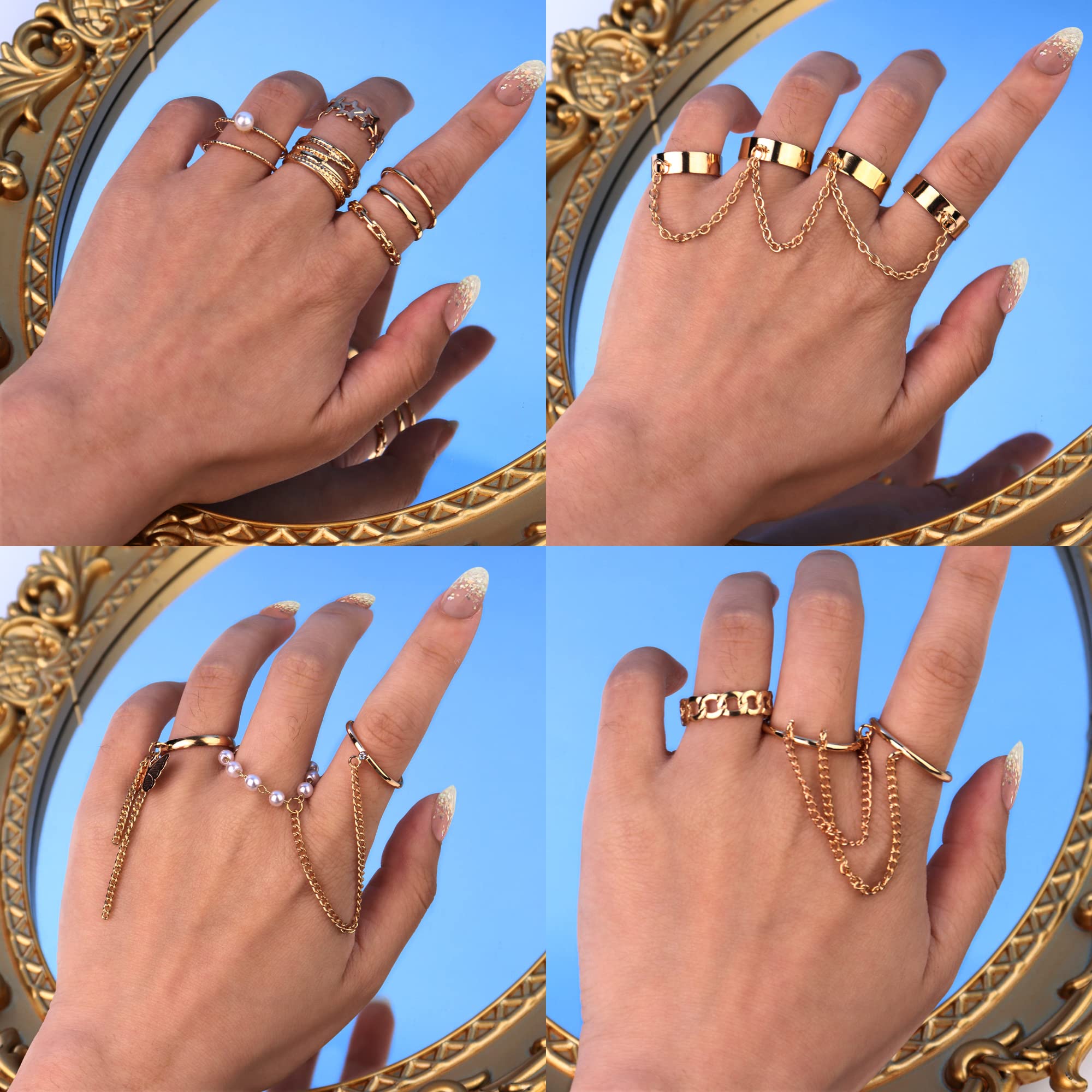 Jstyle 14Pcs Gold Knuckle Stackable Rings Set for Women Gothic Punk Chain Finger Rings Hip Hop Stackable Vintage Rings Set