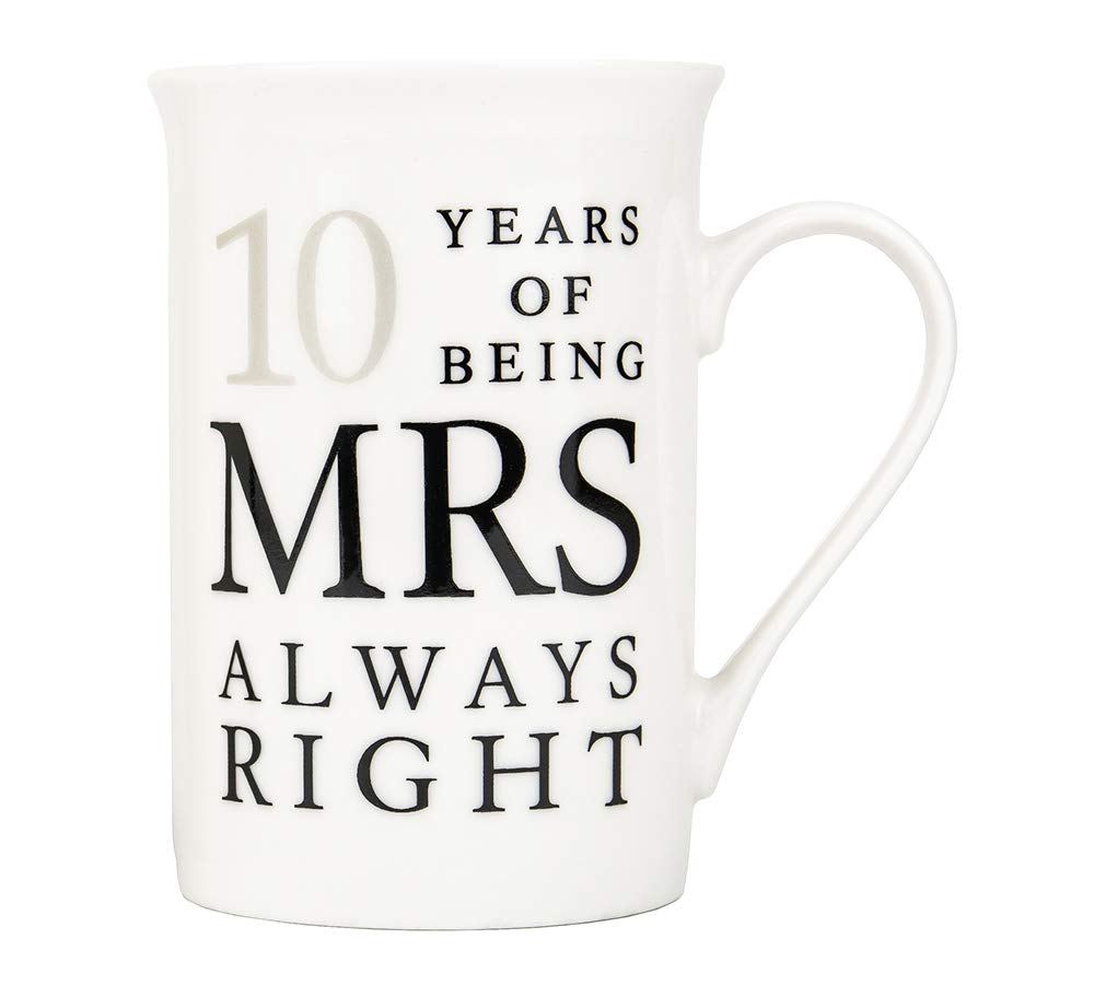 Haysoms Ivory 10th Anniversary Mr Right & Mrs Always Right Ceramic Mugs Gift Set Thoughtful and Unique Gift Idea Dishwasher and Microwave Safe