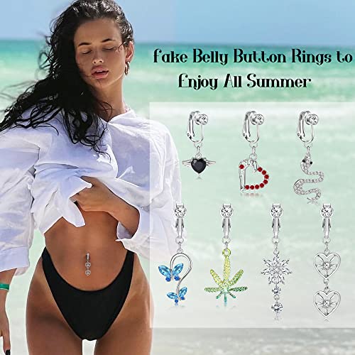 Jstyle 7Pcs Clip on Belly Button Rings Fake Belly Ring for Women CZ Dangle Belly Button Rings Snake Heart Non Piercing Jewelry