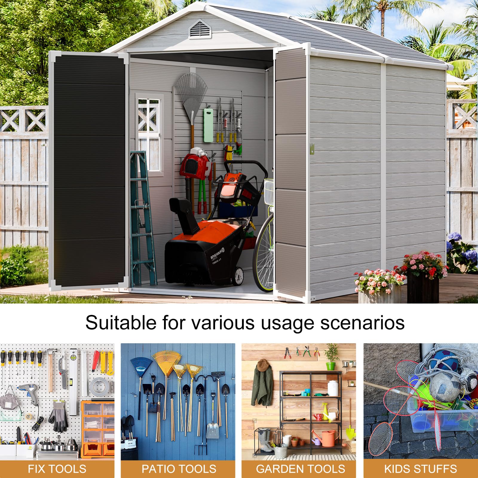 Outdoor Resin Storage Shed 8x6 FT, Plastic Shedswith Floor Window Lockable Door Included, Large Waterproof Outside Sheds Storage for Backyard Garden Patio Lawn Tools, Gray