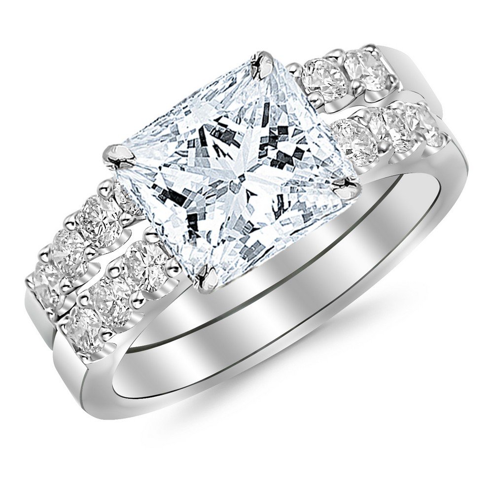 Houston Diamond District 14K White Gold 1.51 CTW Classic Prong Set Bridal Set With Wedding Band and Diamond Engagement Ring w/ 0.5 Ct GIA Certified Princess Cut D-E Color VVS2 Clarity Center