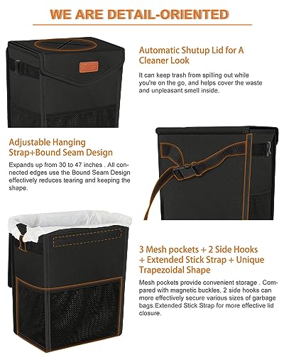 Pritent Car Trash Can with Lid, Cute Leakproof Car Trash Garbage Bag Hanging Vehicle Trash Bin Small Portable Automotive Garbage Cans Organizer for Back/Front Seat/Console(Trapezoid,Black)