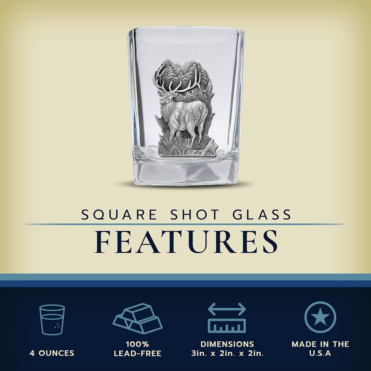 Heritage Pewter Elk Square Shot Glass | Hand-Sculpted 1.5 Ounce Shot Glass | Intricately Crafted Metal Pewter Elk Inlay