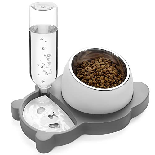 WZFFPAOJ Elevated Dog Cat Bowls, Tilted Cat Food and Water Bowl Set, Raised Stainless Steel Cat Bowls with Automatic Water Dispenser Bottle for Cats and Small Dogs Kitten Puppy